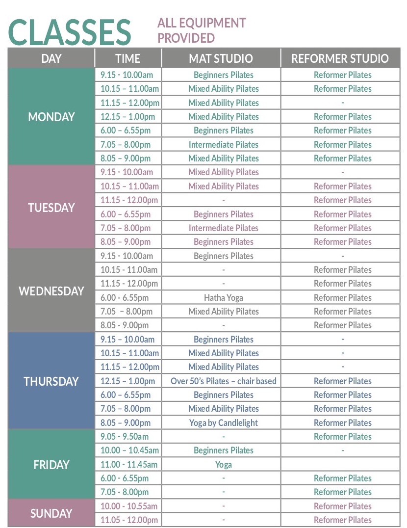 Pilates Class Timetable: Beginner, Intermediate, Reformer, Prenatal ...